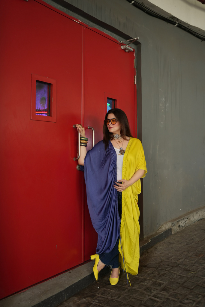 Blue-Neon Rouching Cape – Neora By Nehal Chopra